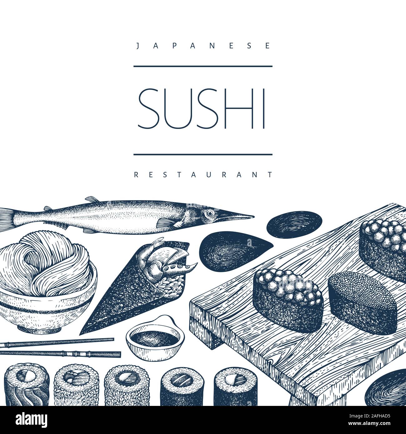 Japanese cuisine design template. Sushi hand drawn vector illustrations ...