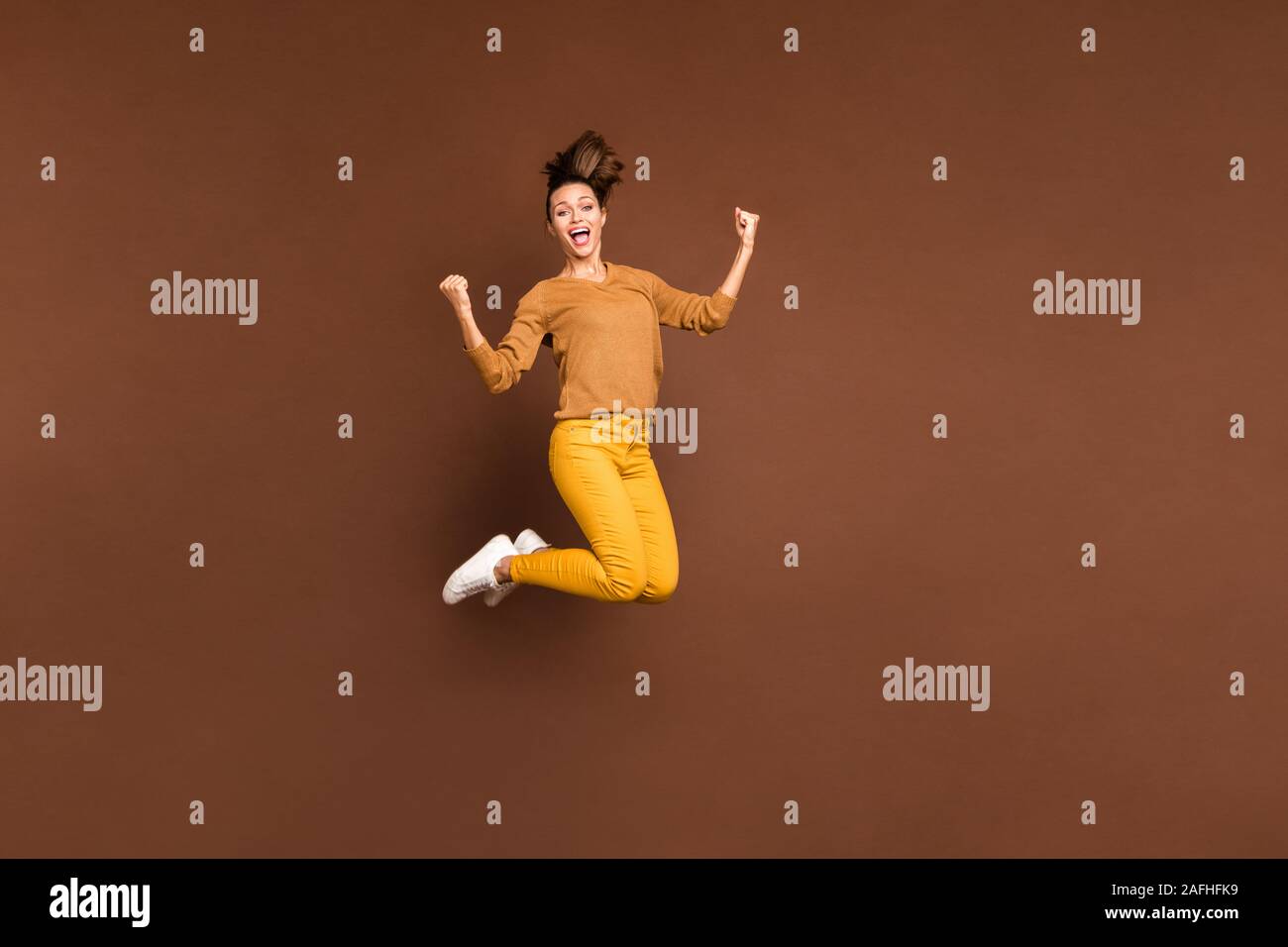 Full length body size photo of cheerful rejoicing screaming shouting ...