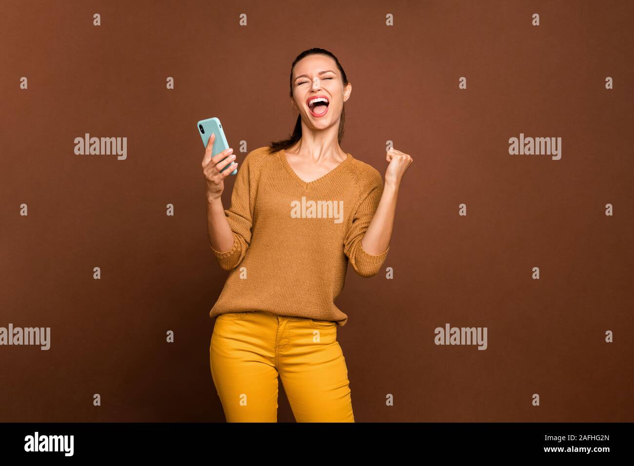 Photo of charming sweet pretty attractive youngster screaming with ...