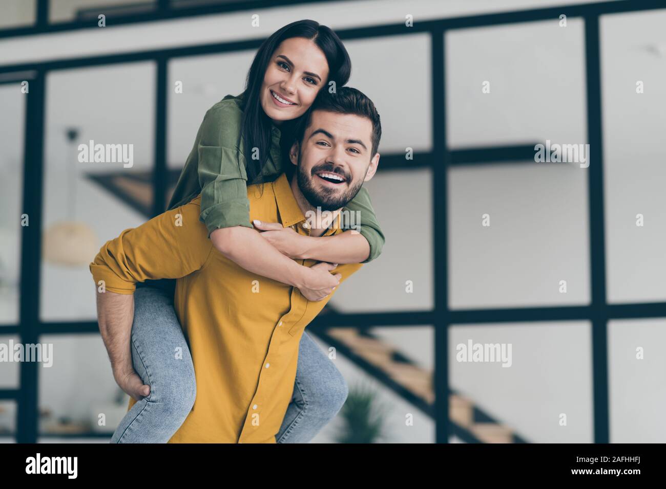 Just married. Photo of handsome husband guy and his wife lady excited ...