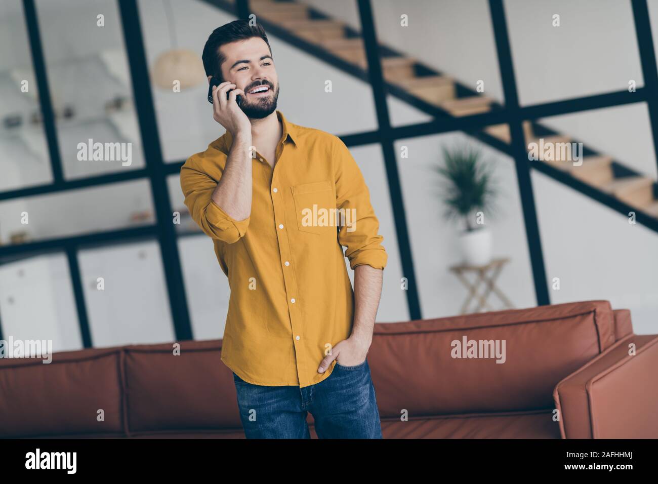 Photo of handsome guy holding hands in pockets easy-going person ...