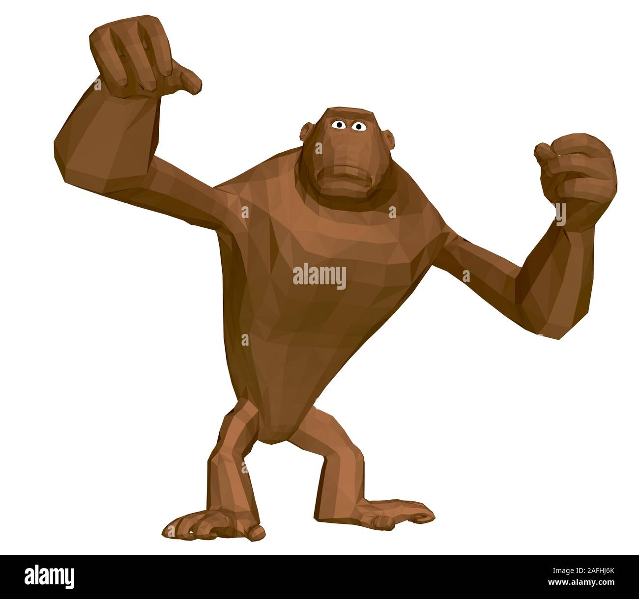 Polygonal monkey with raised paws. Brown monkey isolated on a white ...