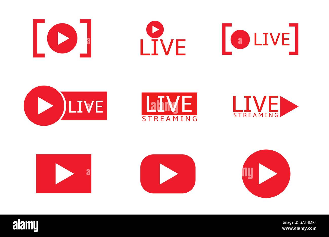 Live stream. Play buttons, Live streaming label icon set, online ...