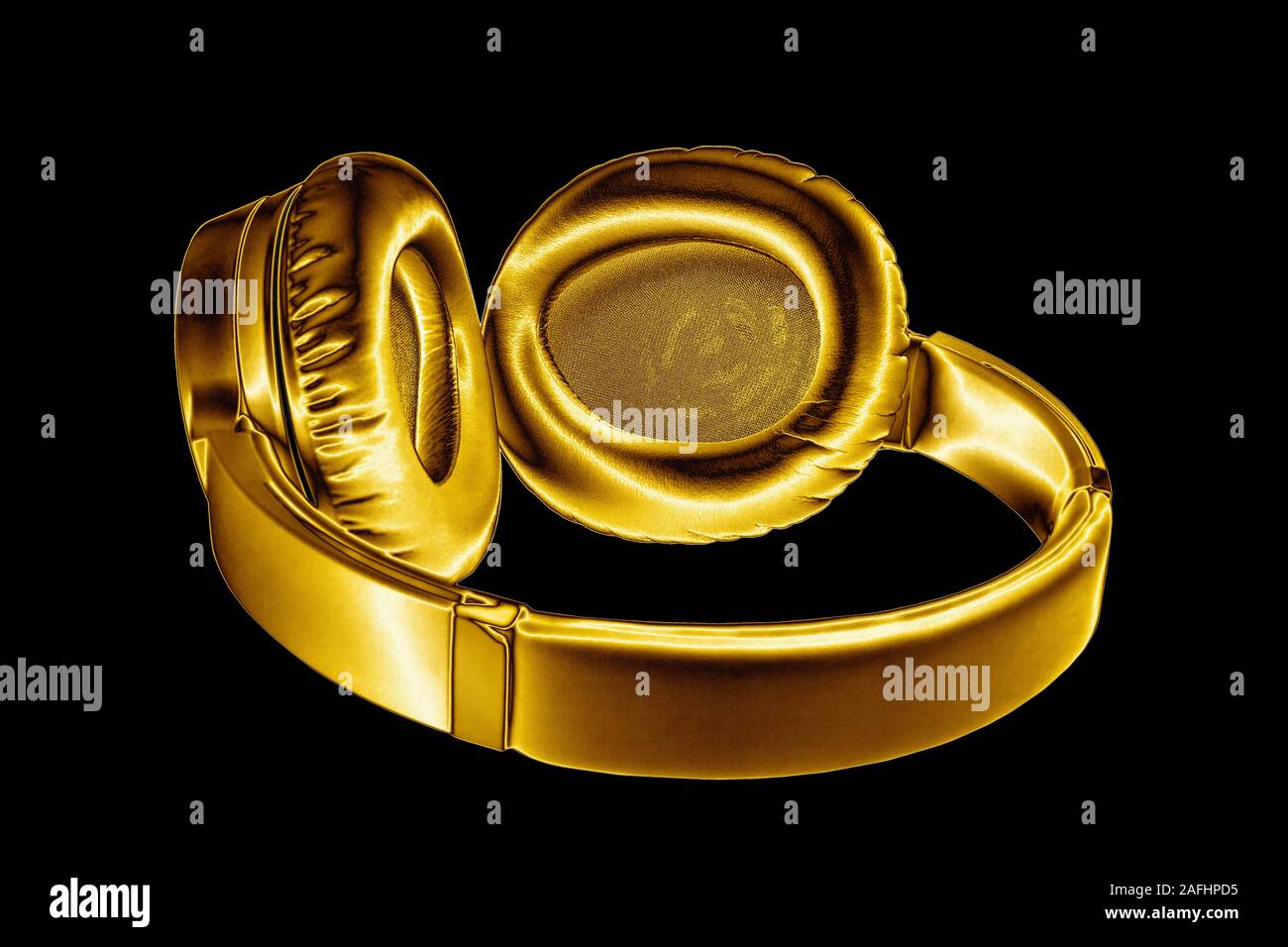 Golden wireless headphones on black background isolated closeup, gold ...