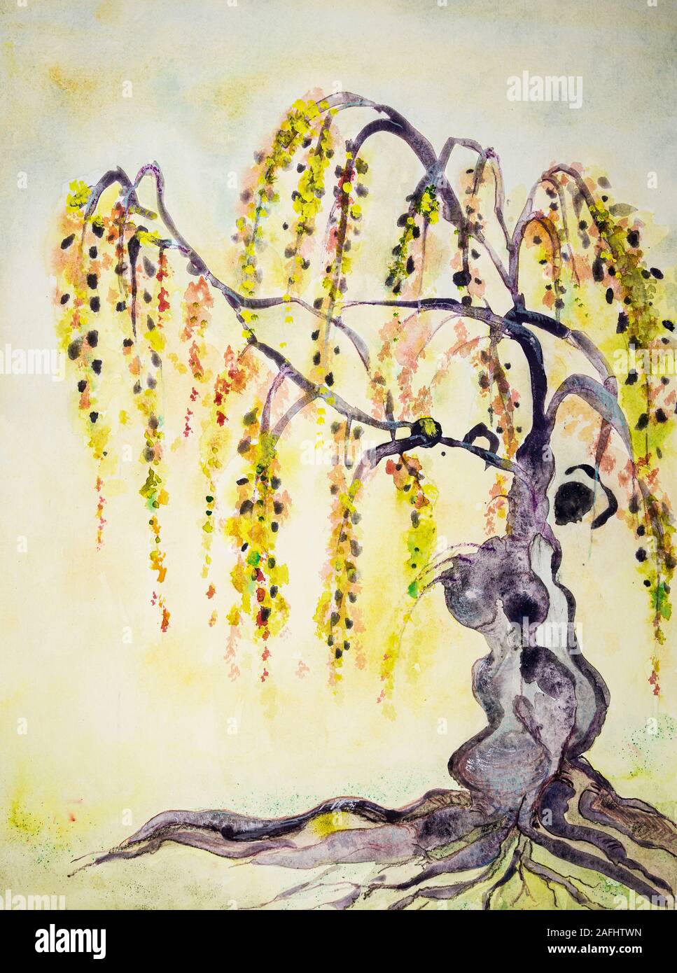 Tree of life with blooming flowers. The dabbing technique near the ...