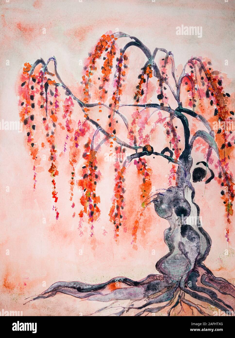 Sakura tree of life with blooming flowers. The dabbing technique near ...