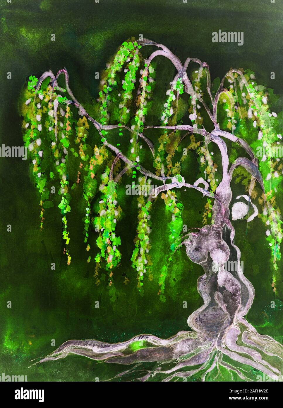 Tree of life with bright green leaves. The dabbing technique near the ...