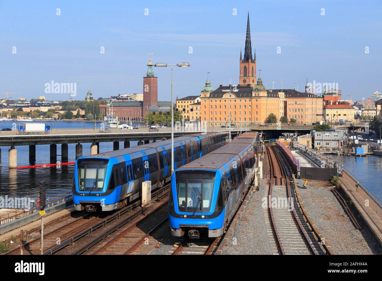 Stockholm city skyline with local train. Public transportation Stock ...
