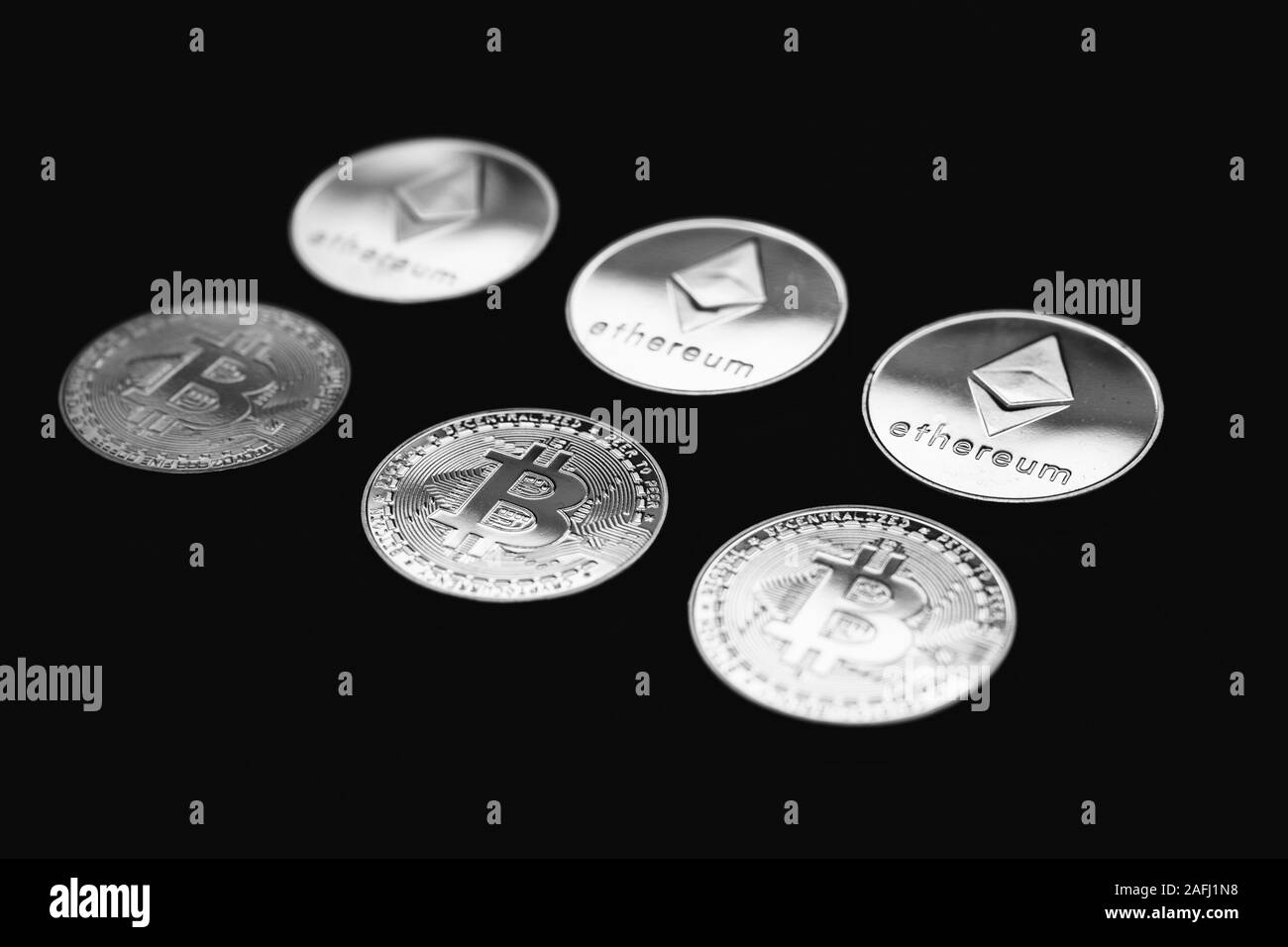 Bitcoin on a black and white background. Cryptocurrency trading Stock ...