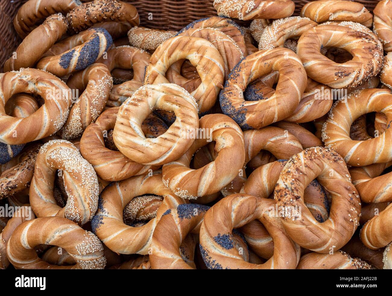 Traditional Cracovian prezels with salt, poppy and sesame seeds Stock ...