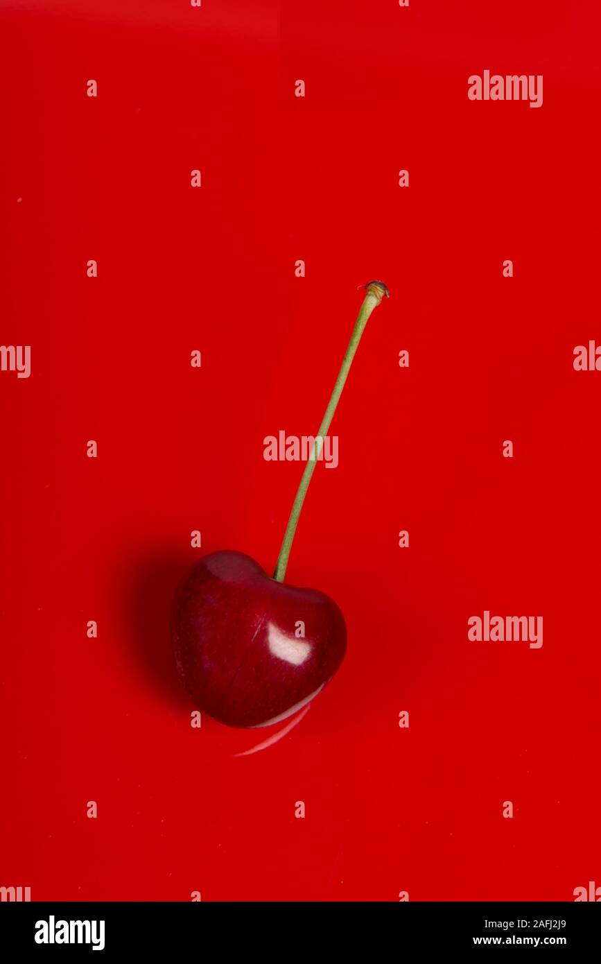 Single red cherry with stem on a red background in a vertical image ...