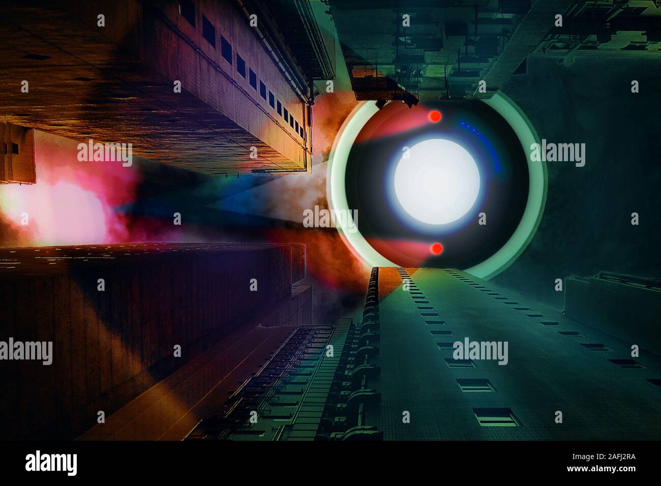 Flying spying camera lens scans urban terrain. Concept of cybersecurity ...