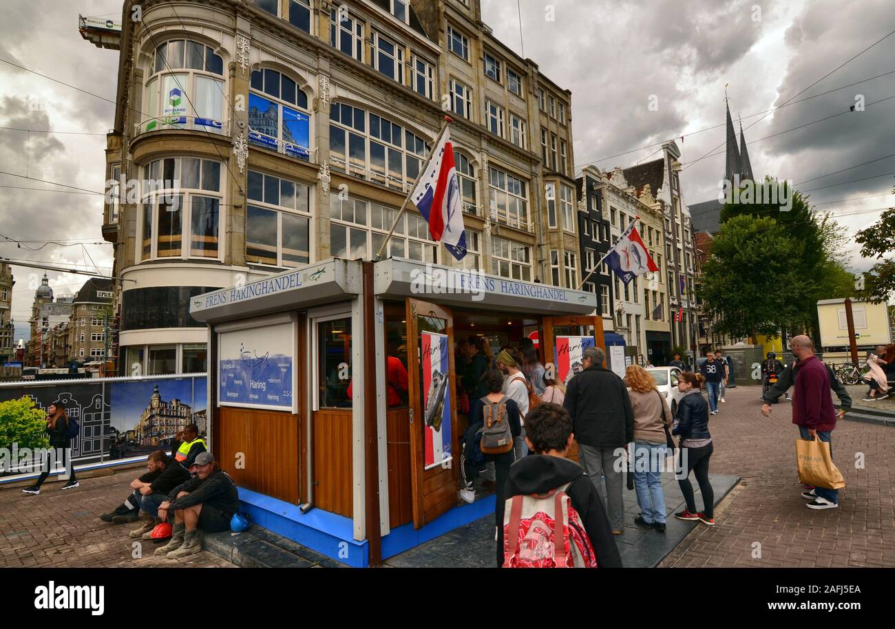Amsterdam, Holland, August 2019. A kiosk of herring sandwiches and ...
