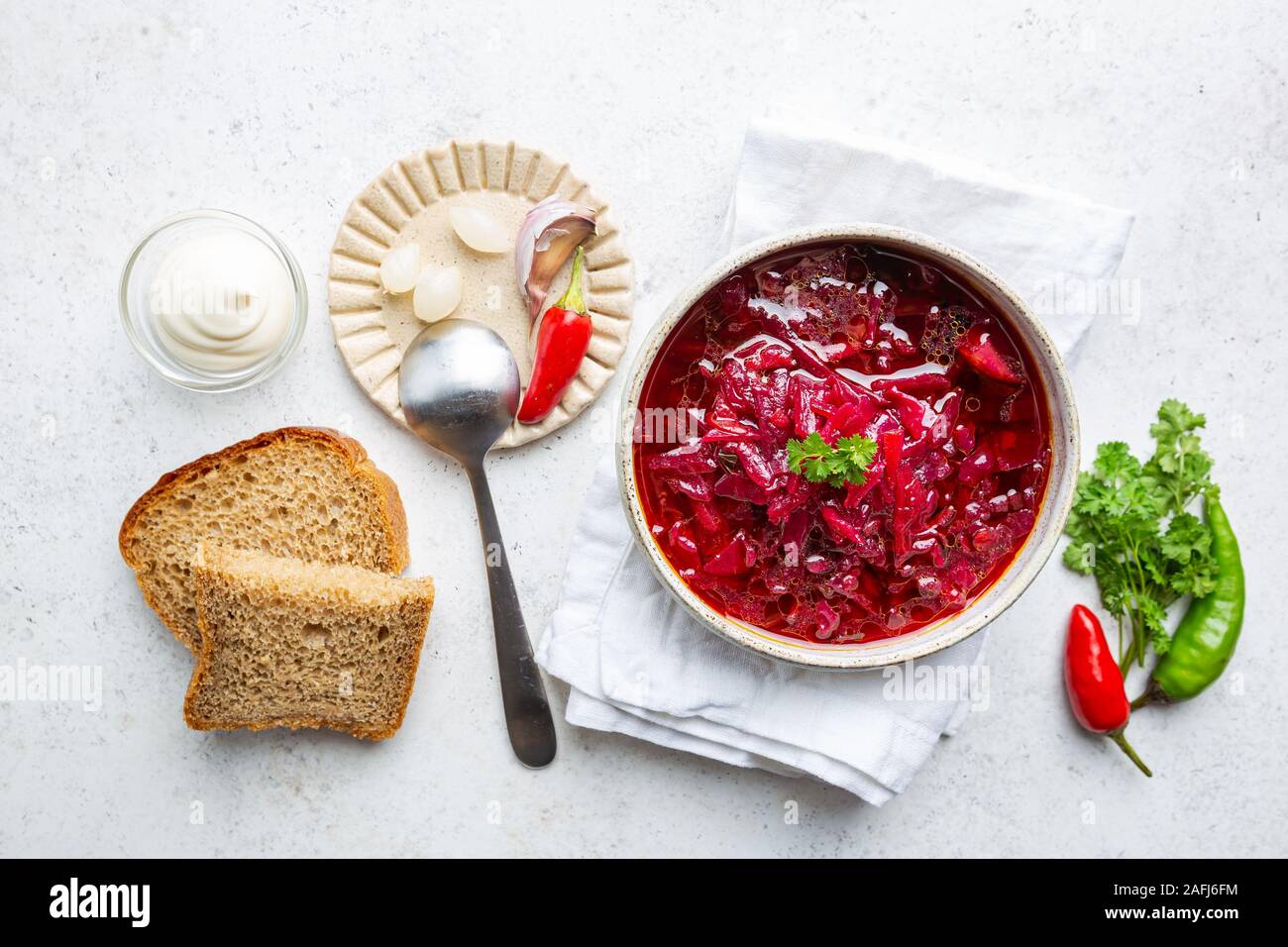 Traditional Ukrainian Russian vegetable beet soup, borscht on white ...