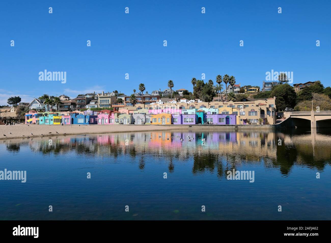 The colourful houses of the Venetian Hotel on the beach of Capitola ...