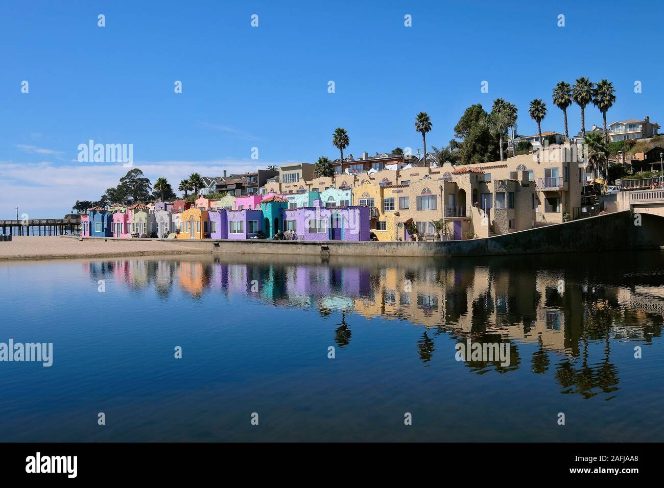 The colourful houses of the Venetian Hotel on the beach of Capitola ...