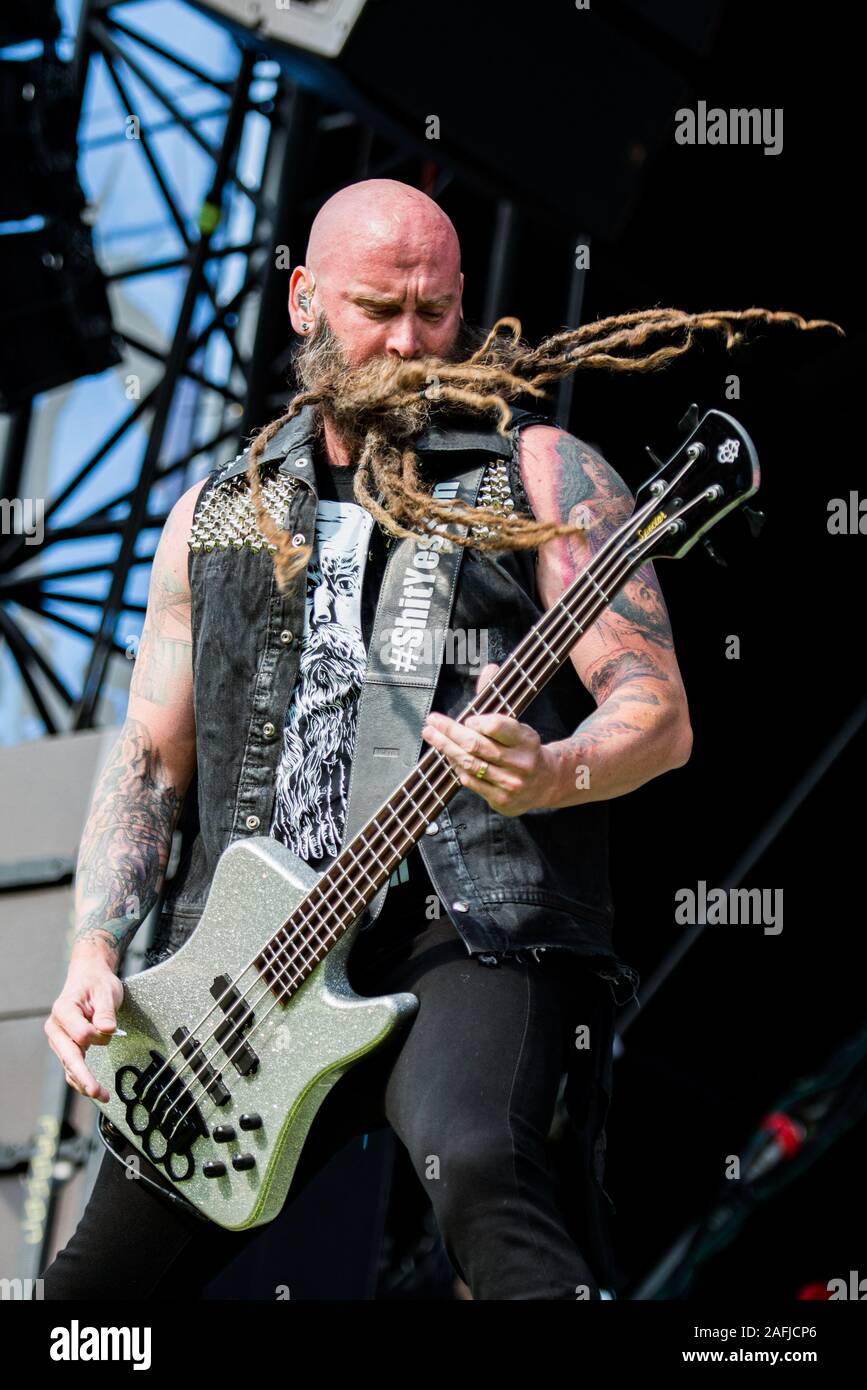 MUNICH, GERMANY - MAY 31: Chris Kael, bassist of the American metal band Five Finger Death Punch ...