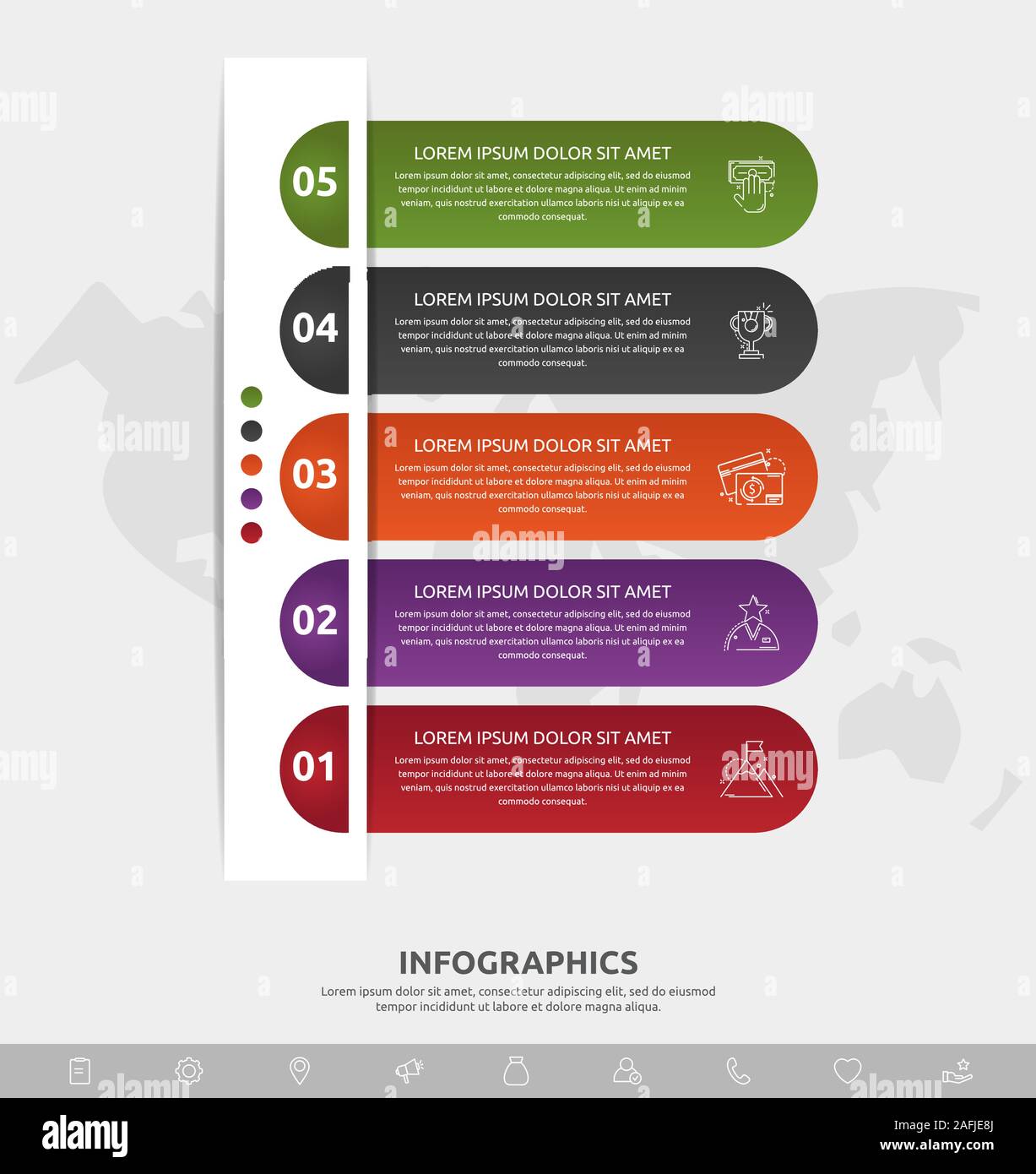 Vector infographic flat template. Shape with icons for five diagrams, graph, flowchart, timeline ...