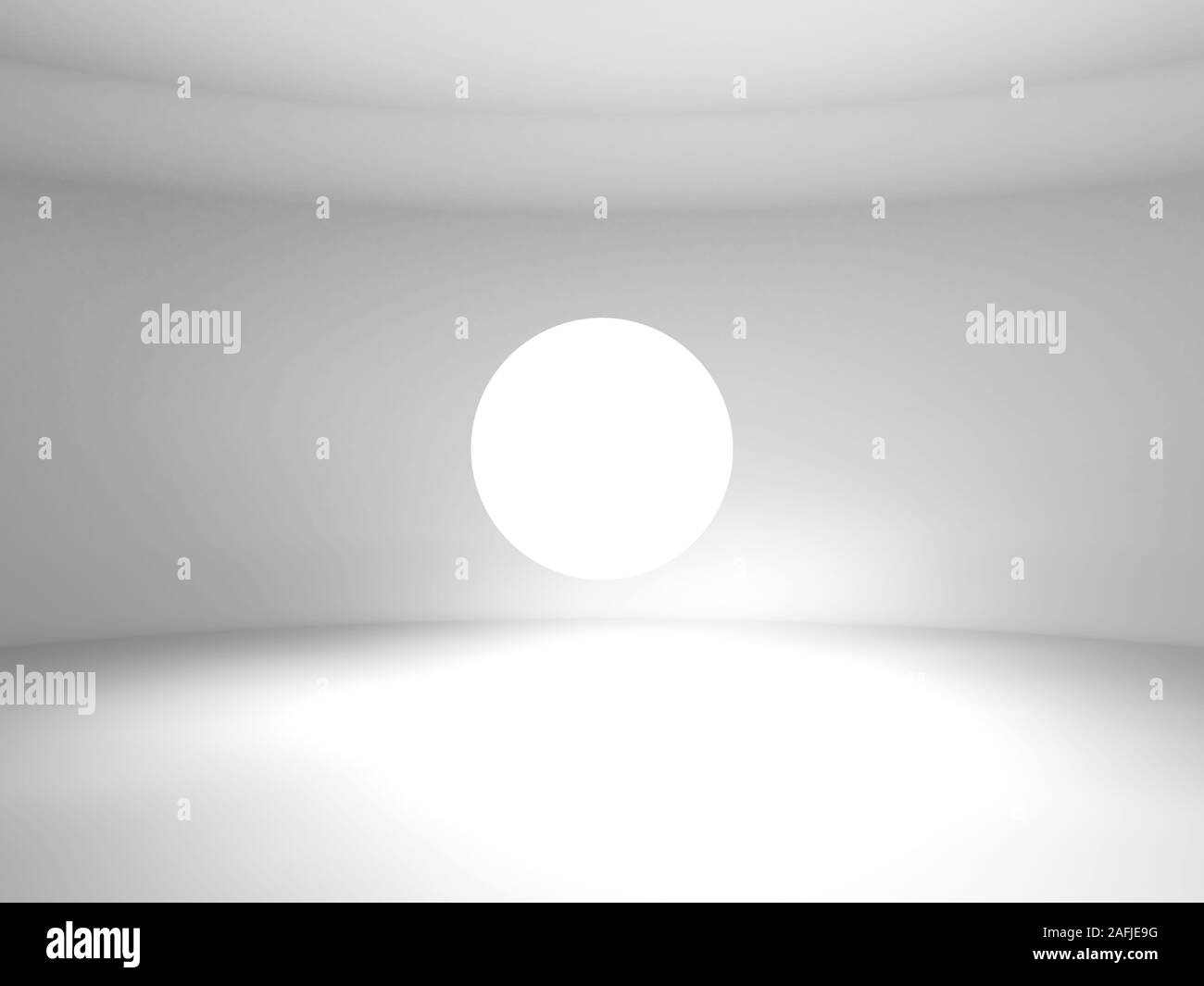 Abstract flying spherical light object is in a white empty interior, 3d ...