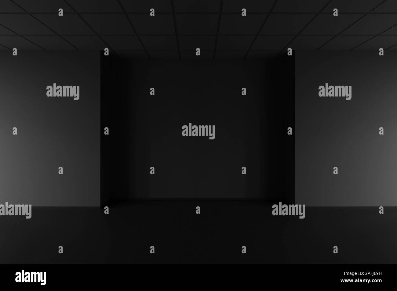 Dark empty office, night interior background, 3d rendering illustration ...