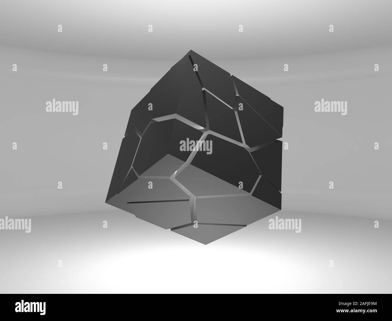 Abstract flying cube object with chaotic fragmentation is in an empty ...