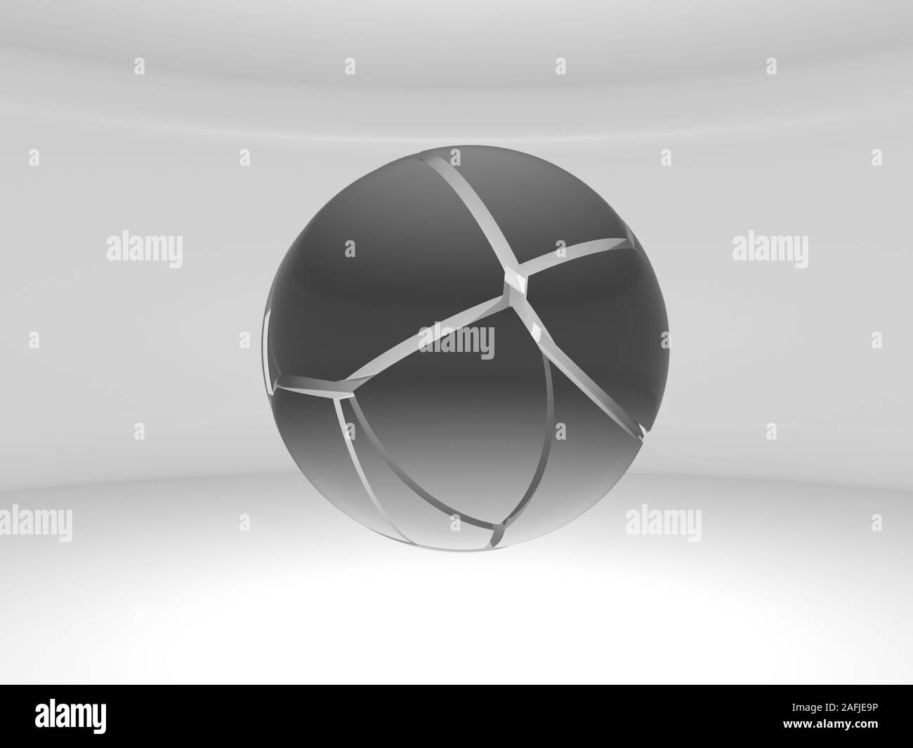 Abstract white flying sphere with chaotic fragmentation is in an empty ...