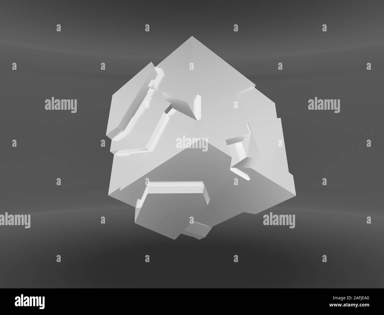 Abstract white flying cube with chaotic fragmentation is in an empty ...
