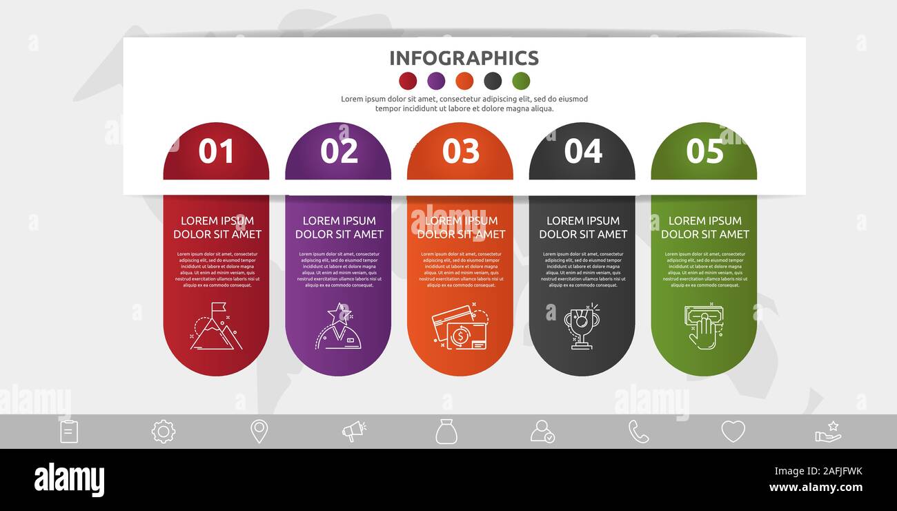 Vector infographic flat template. Shape with icons for five diagrams, graph, flowchart, timeline ...