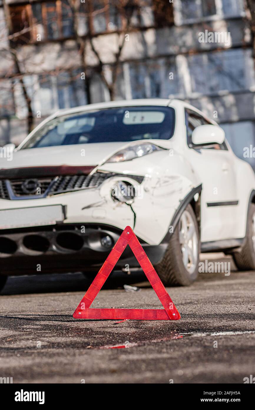 Close up car emergency stop sign on the road. Car accident or accident ...