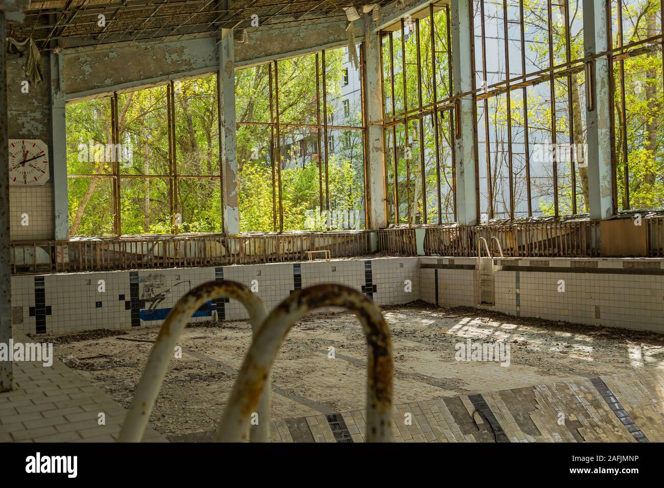 Chernobyl zone. Swimming pool in the city of Pripyat in Ukraine ...