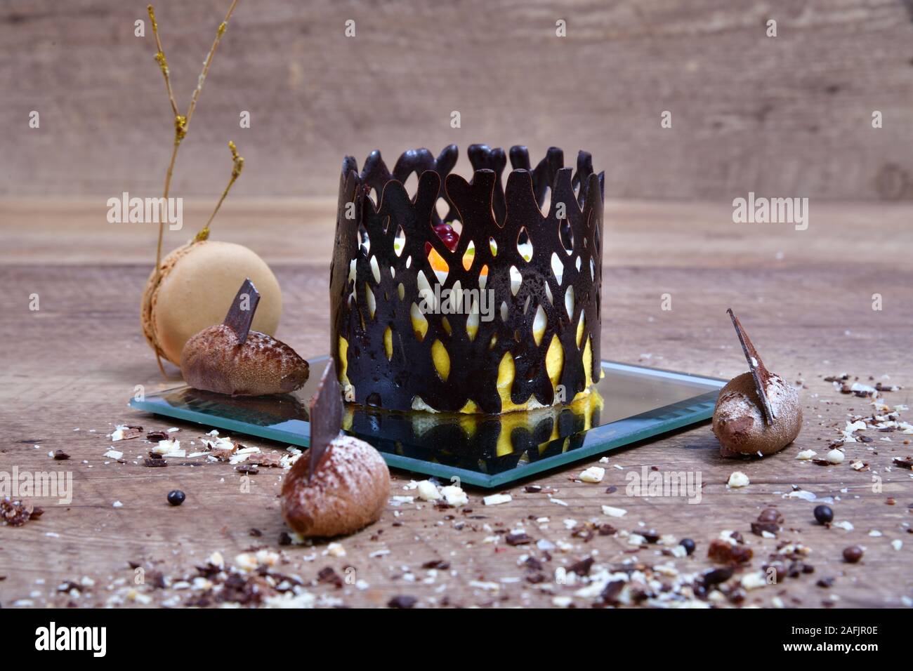 Delicious looking fruit dessert with chocolate container Stock Photo ...