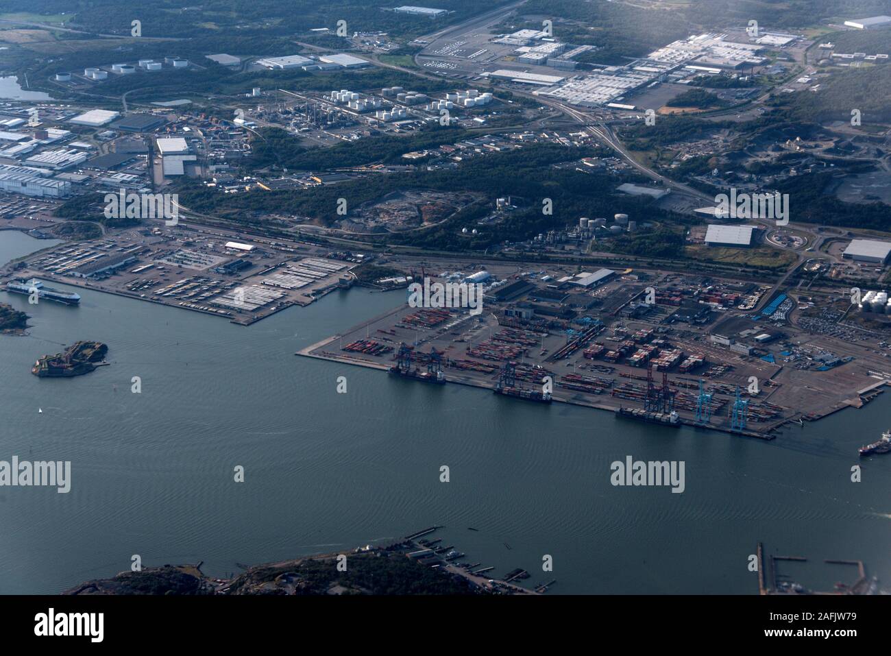 Air view of the Gothenburg industrial port on the river Gota alv on the ...