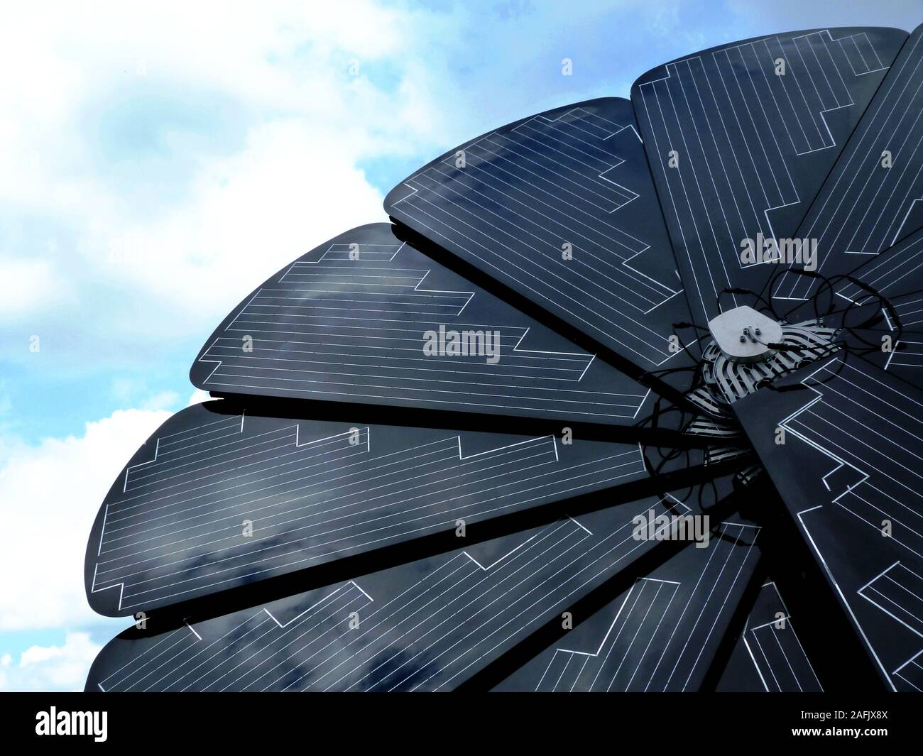 innovative sunflower shaped solar panel detail. rotating and turning ...