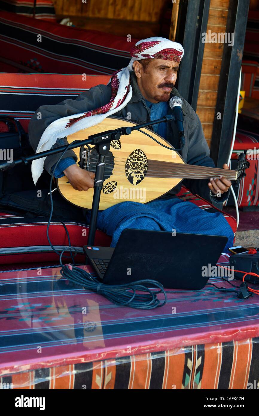 Wadi Rum, Jordan - March 07, 2019: Unidentified musician play ...