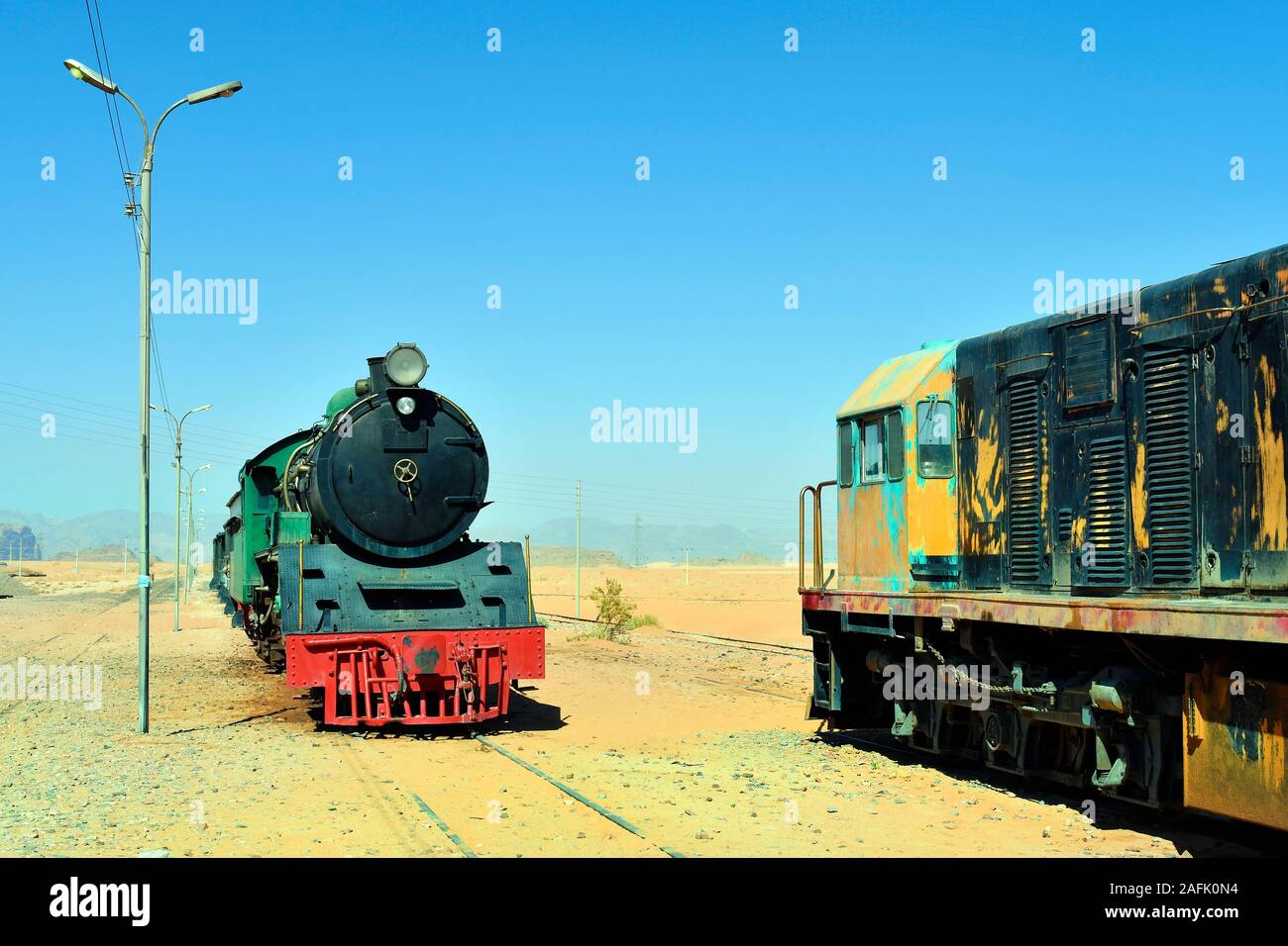 Jordan, nostalgic train and locomites in Wadi Rum station Stock Photo ...