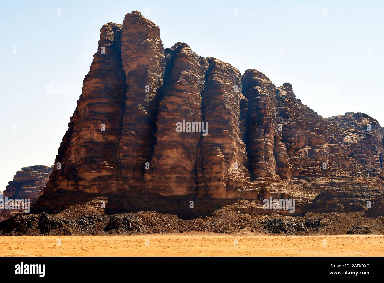 Jordan, Wadi Rum, rock formation named Seven Pillars of Wisdom, a ...