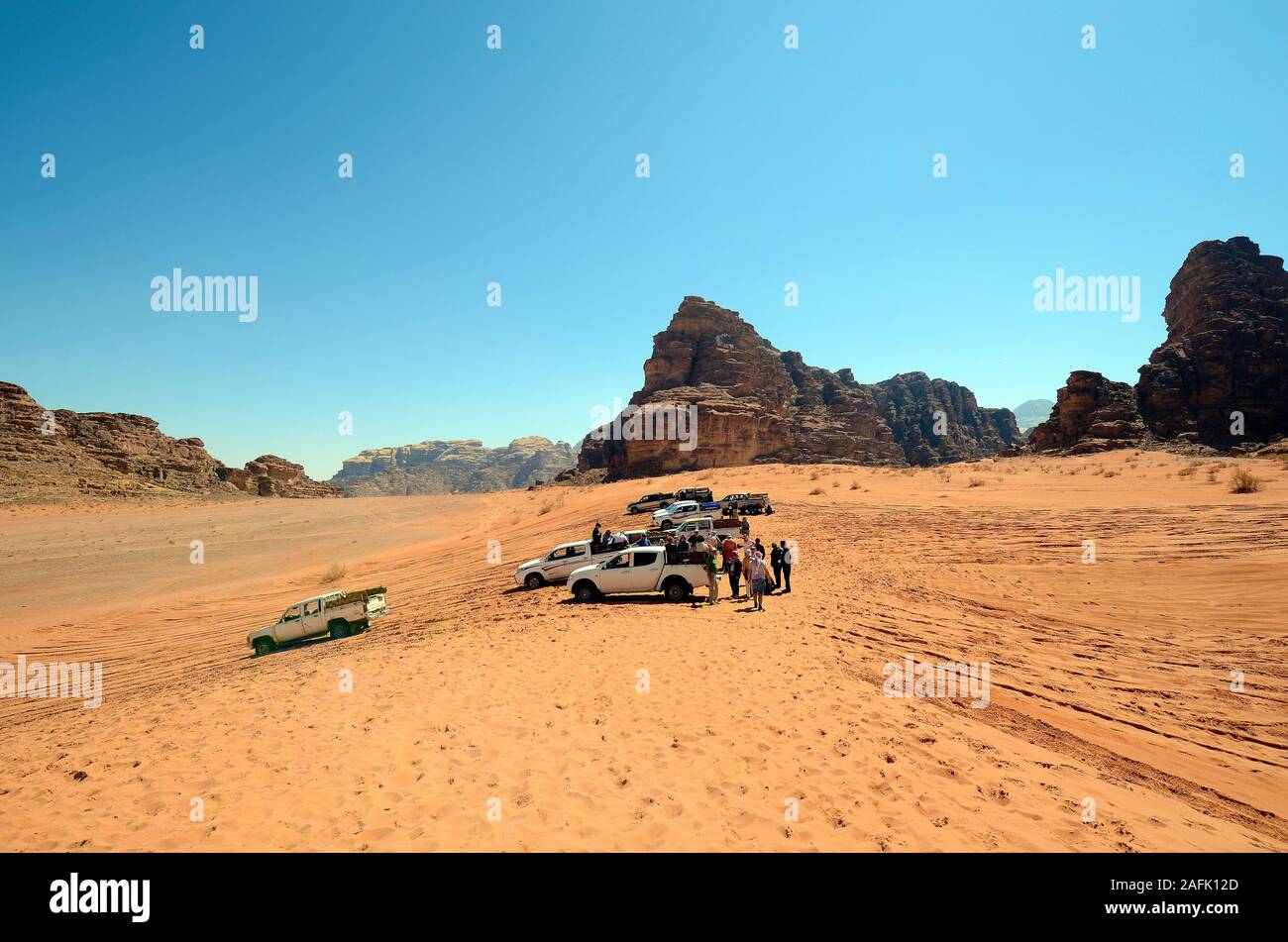 Wadi Rum, Jordan - March 07, 2019: Unidentified people and pick-up cars ...