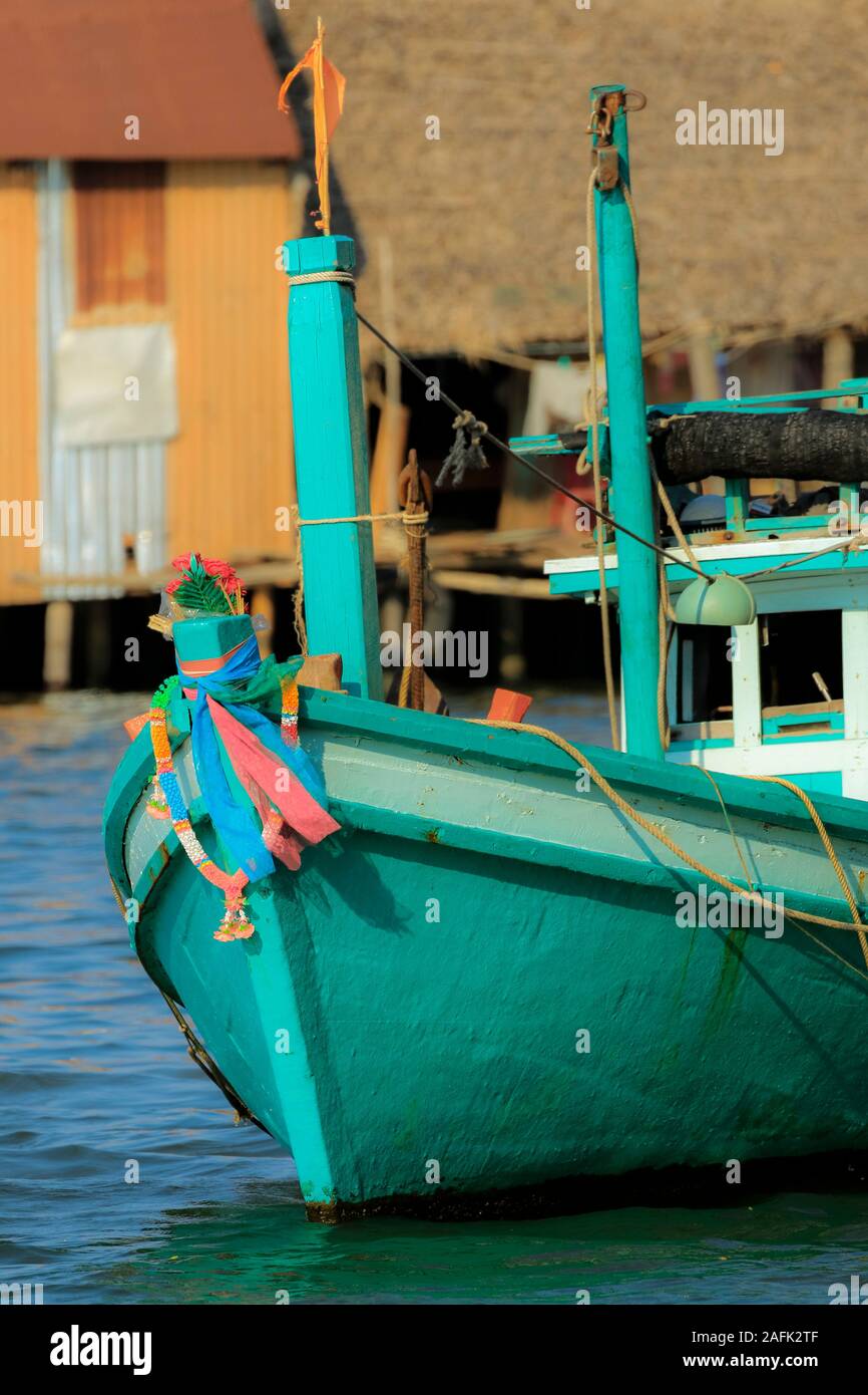 Fishing boat moored on the Praek Tuek Chhu River in this old French ...