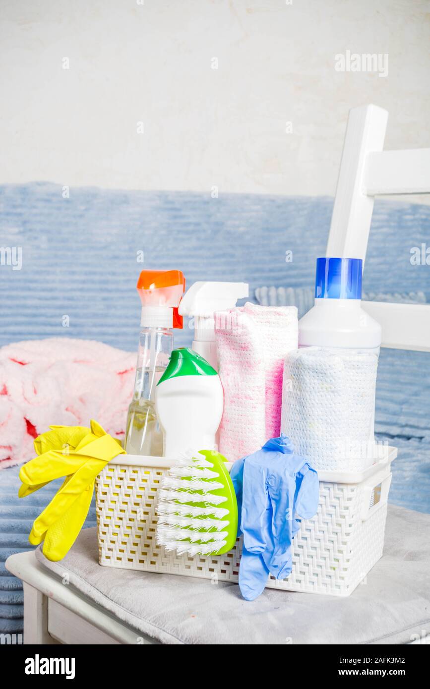 Spring home cleaning and housekeeping concept, Basket with cleaning ...