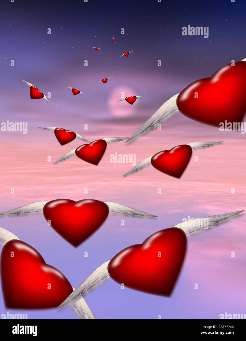 Winged love hearts flies in the sky Stock Photo - Alamy