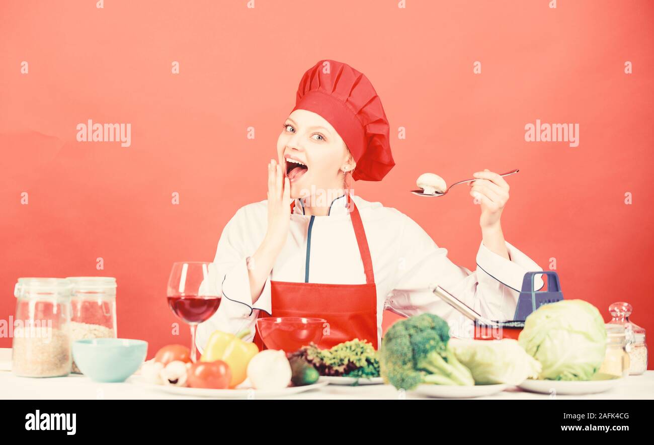 Cooking meal. Delicious recipe concept. Girl at kitchen table. Cooking ...