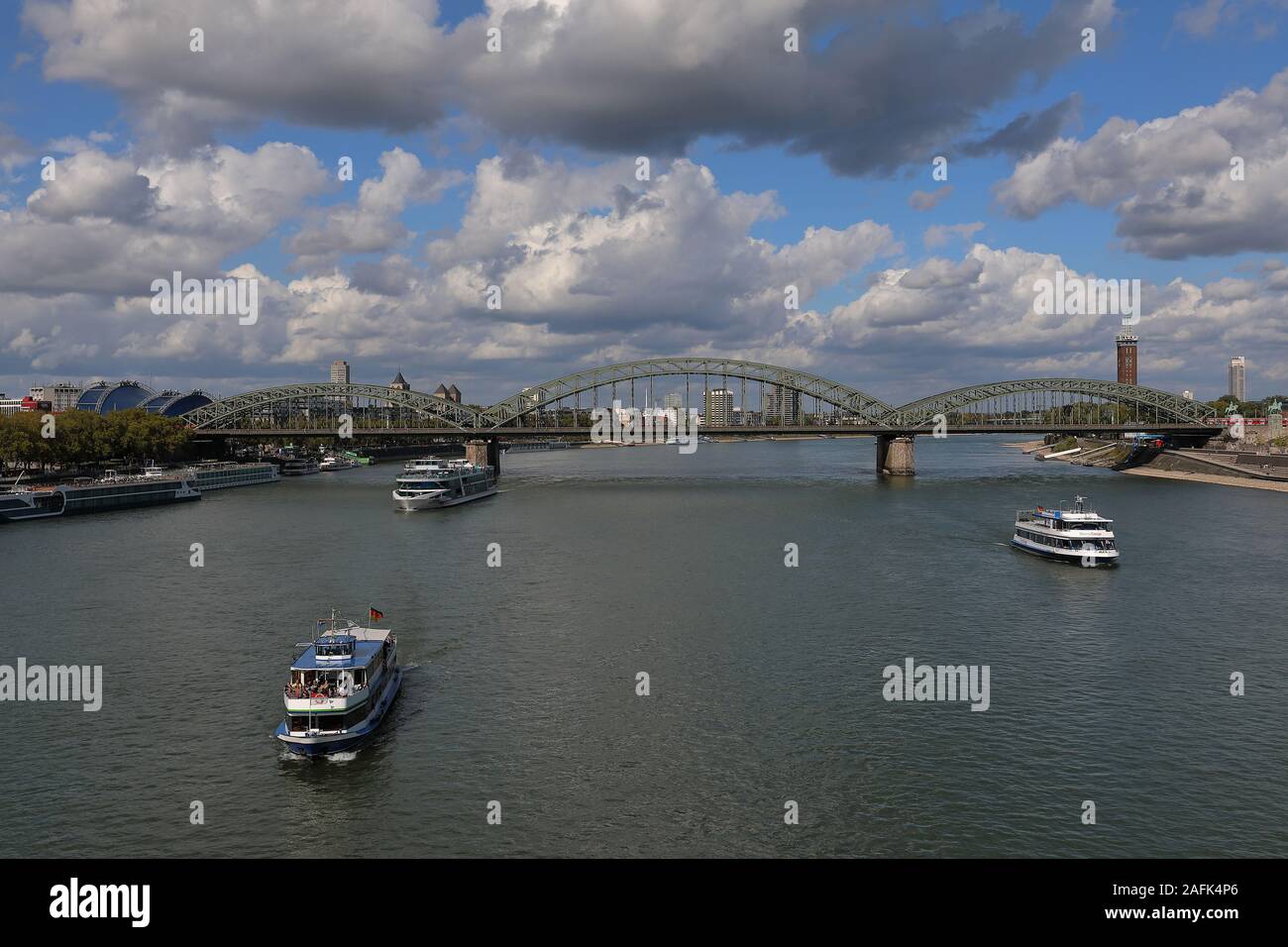 Rhine river is an active transport route in Germany. Goods and people ...
