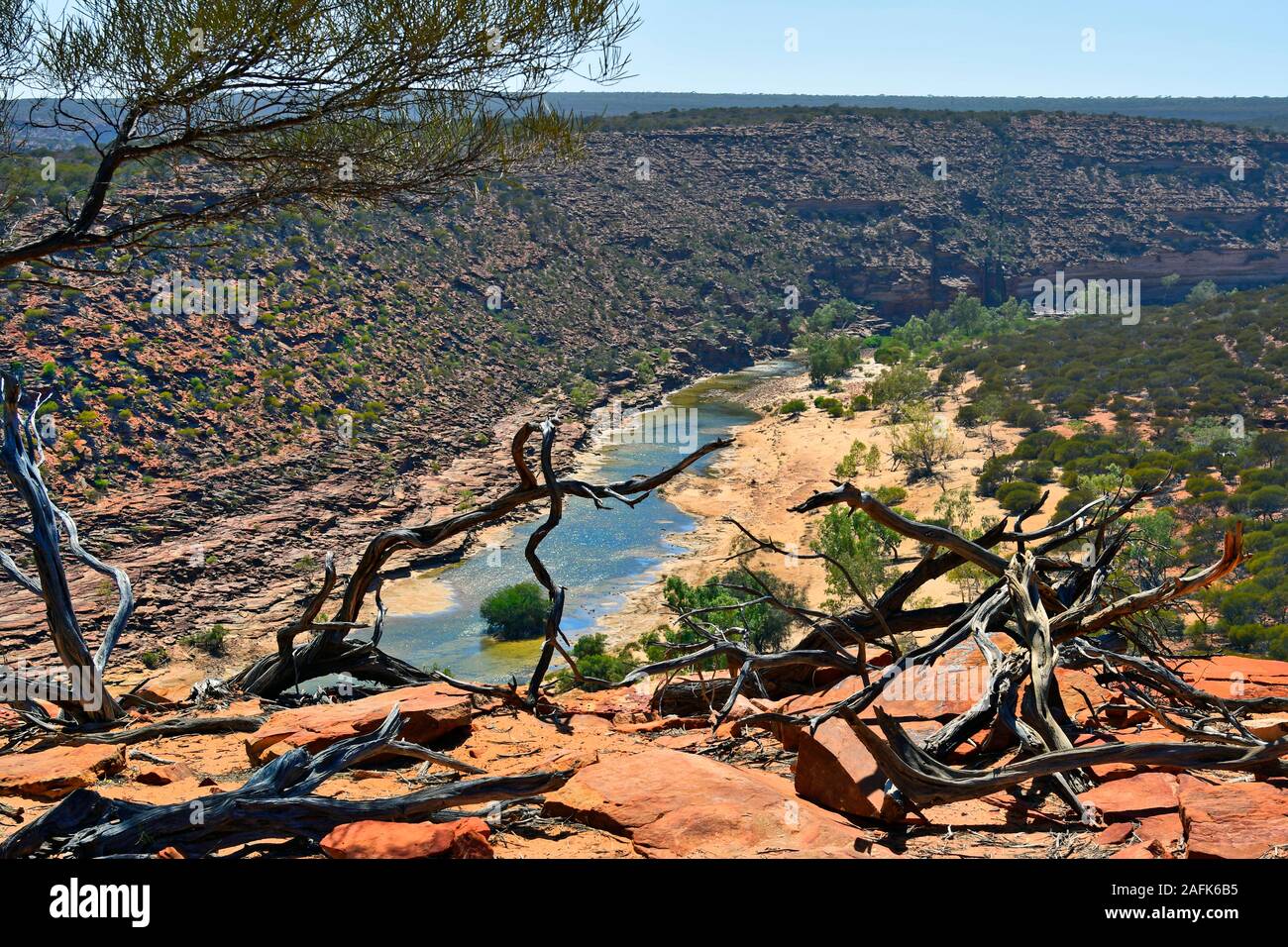 Australia, Kalbarri National Park, dead tree trunk and outlook to ...