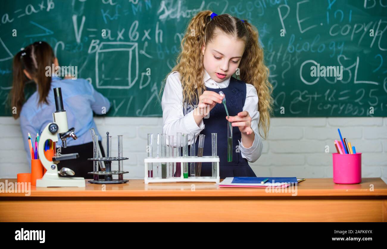 Lab microscope and testing tubes. Little children. Science. biology ...