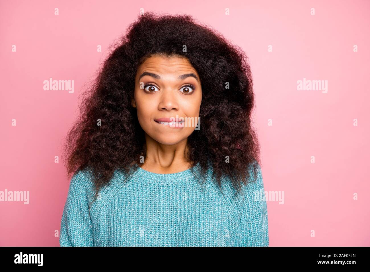 Photo of funny woman expressing astonished emotions on face looking at ...
