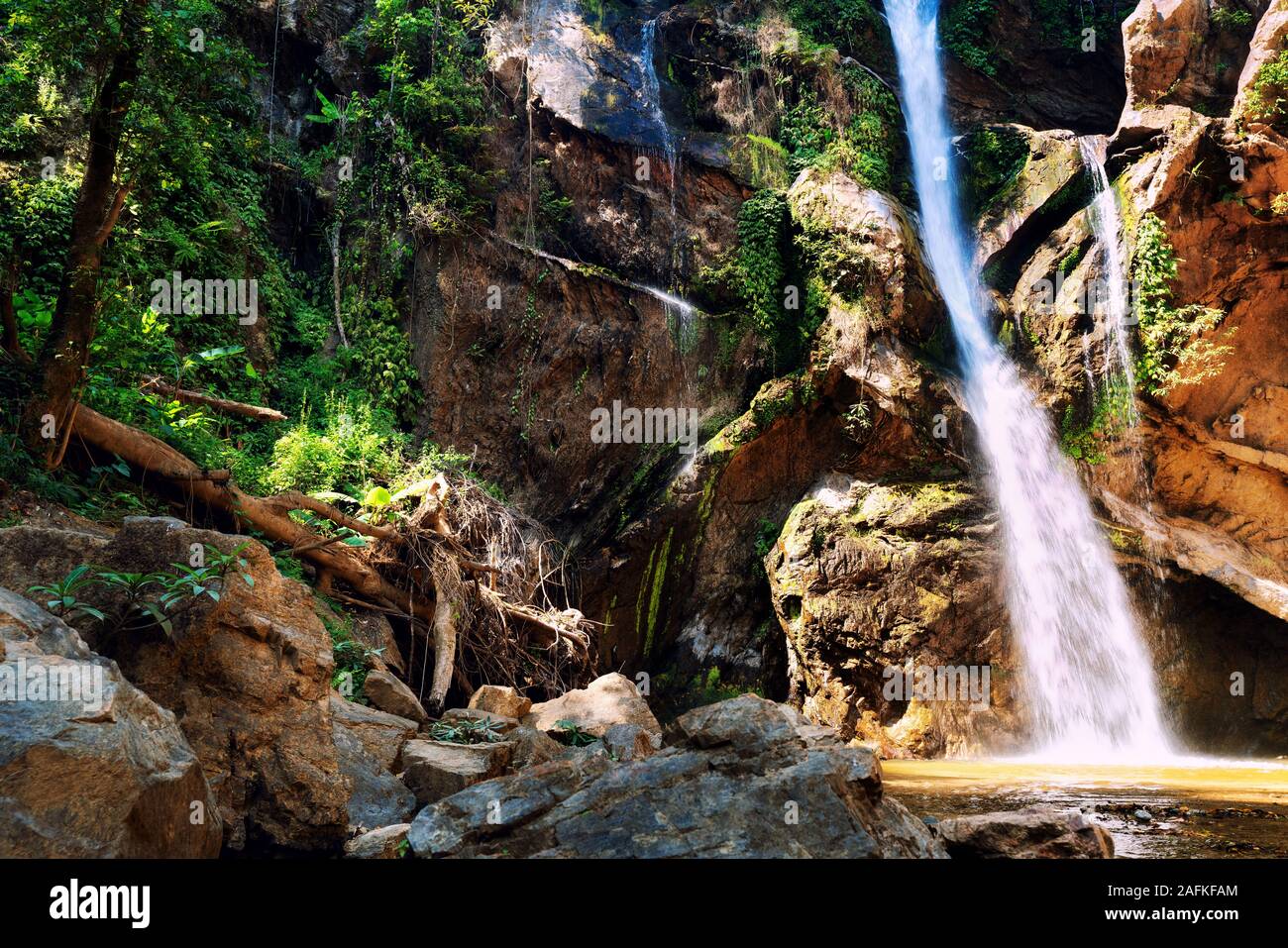 Waterfall mountain view close up. Mountain river waterfall landscape ...