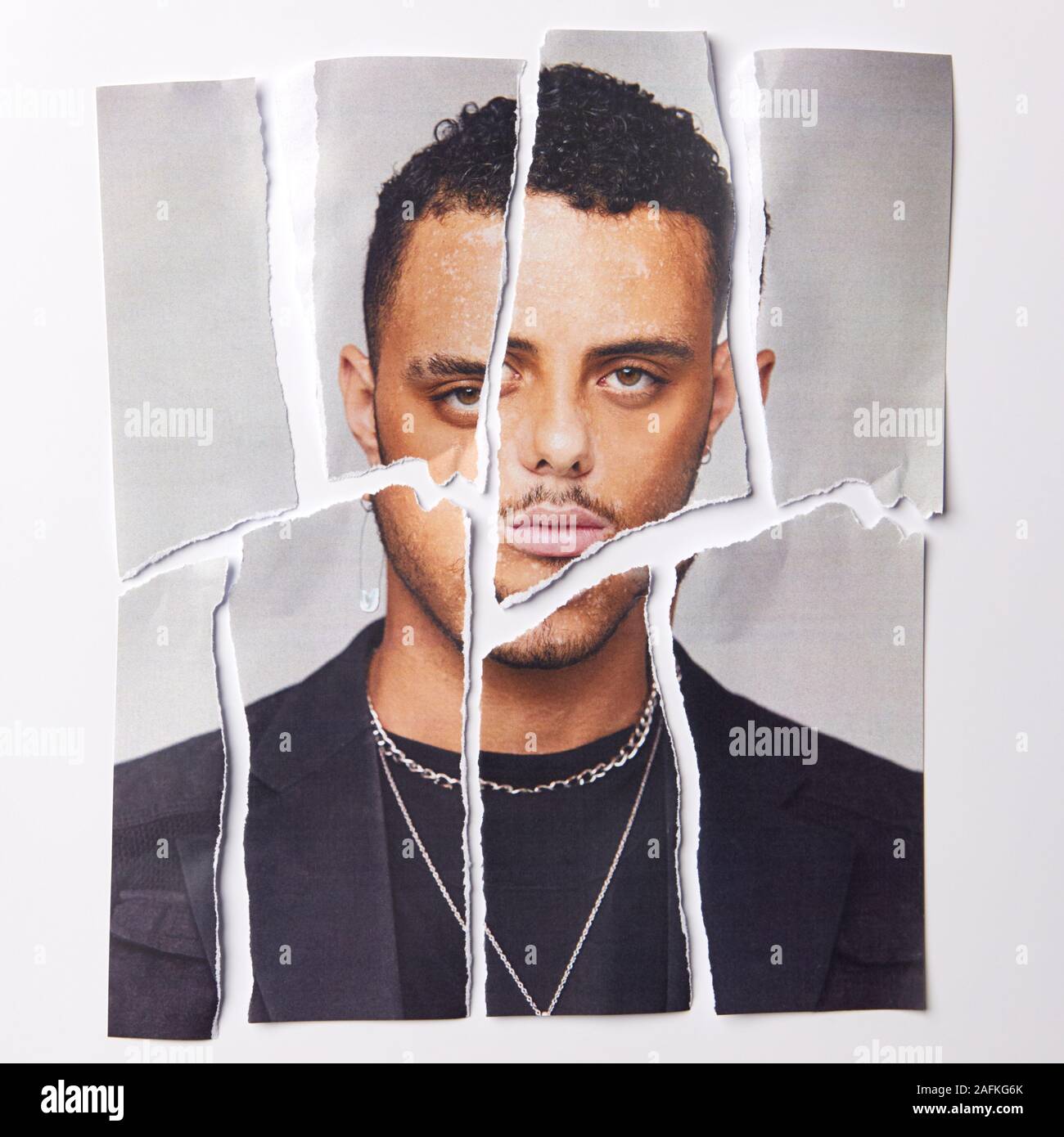 Mental Health Concept With Picture Of Unhappy Man Torn Into Pieces And ...