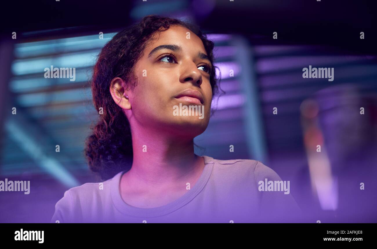 Female Teenage Hacker Sitting Between Computer Screens Bypassing Cyber ...