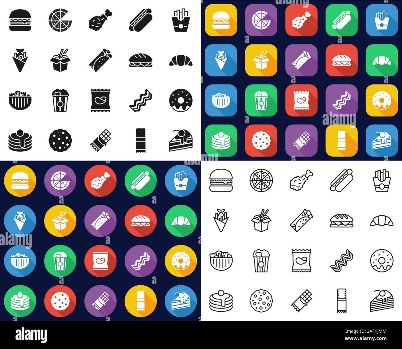 Fast Food Or Junk Food Icons All in One Icons -Black & White-Color Flat ...