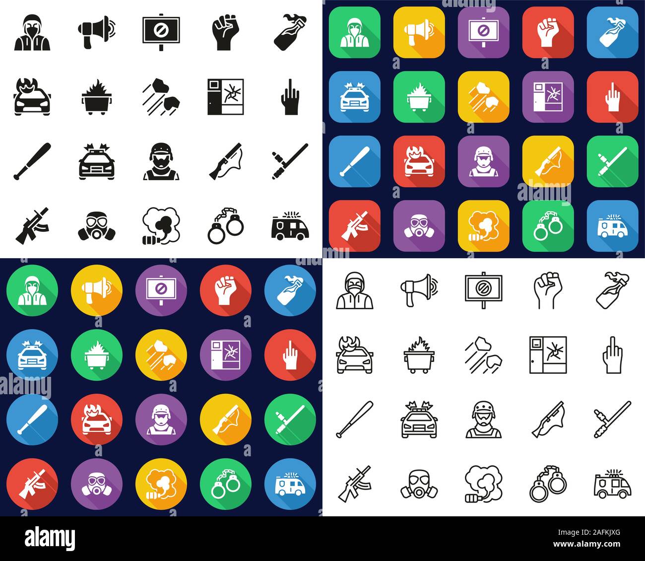 Riot or Public Disturbance Icons -Black & White-Color Flat Design-Thin ...